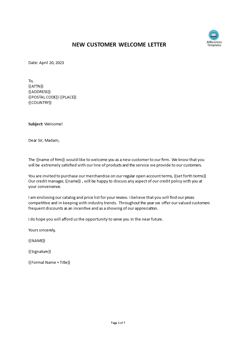 高级 Welcome Letter | 样本文件在 allbusinesstemplates.com
