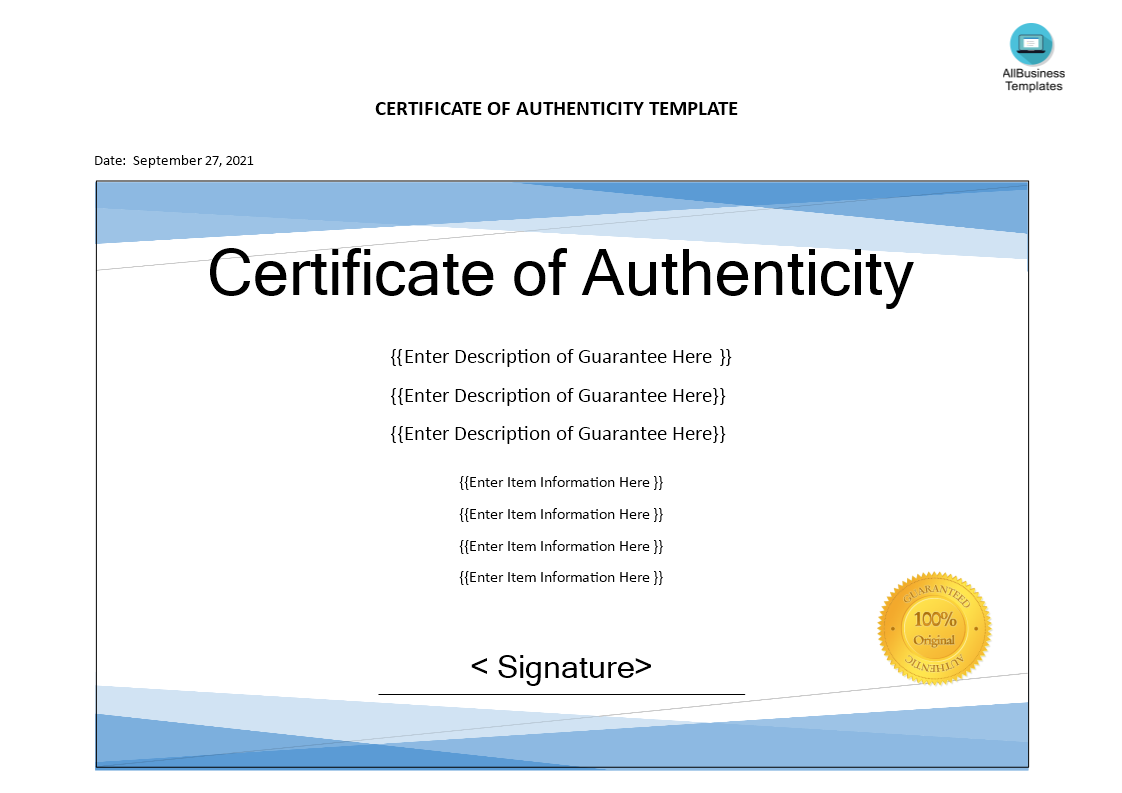 Gratis Authenticity Certificate