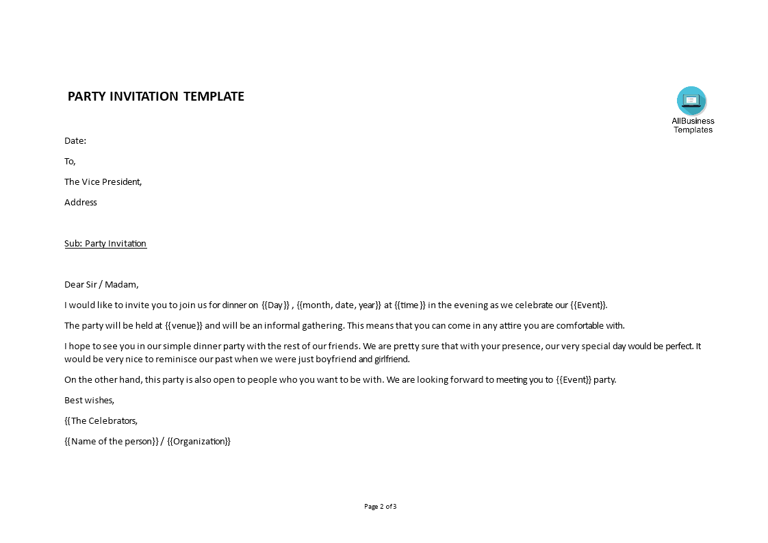 Party Invitation Letter template | Templates at allbusinesstemplates.com