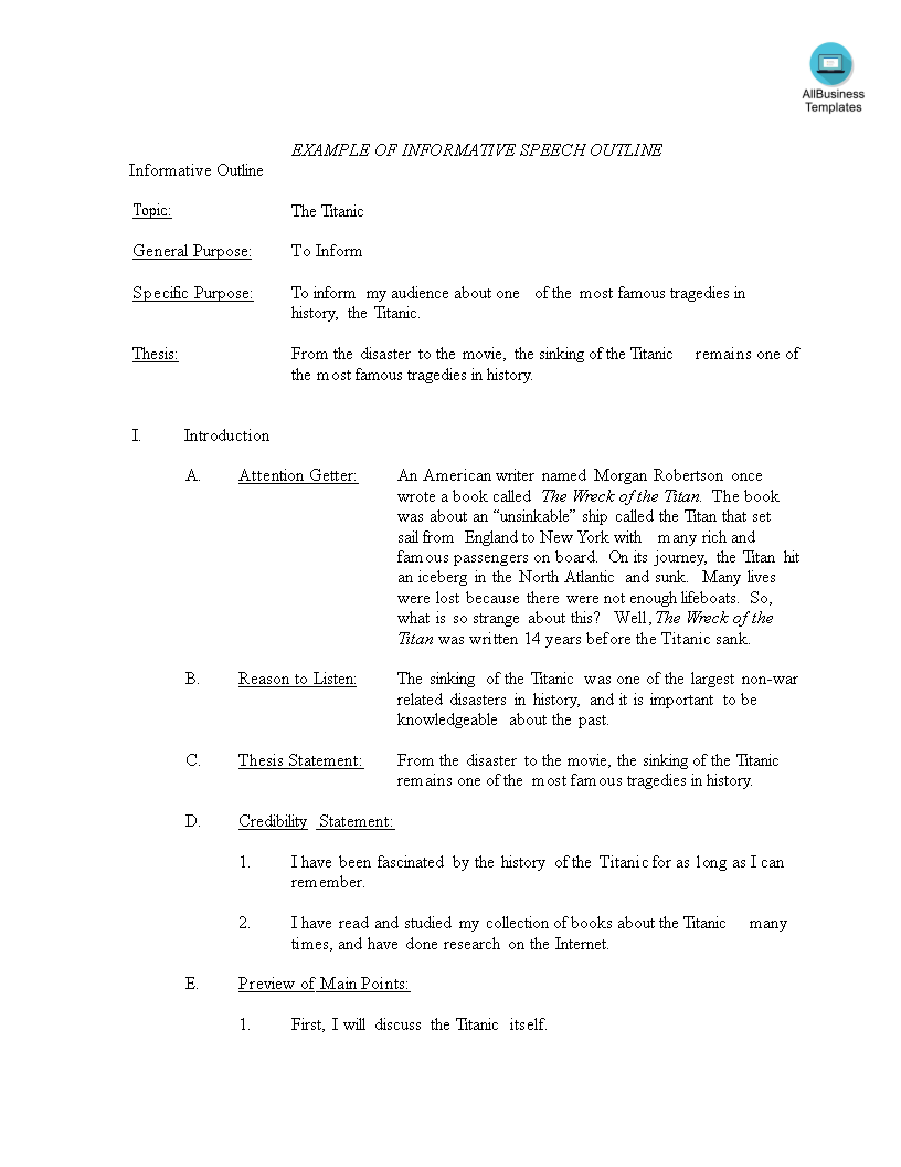 Great Informative Speech Outline | Templates at allbusinesstemplates.com
