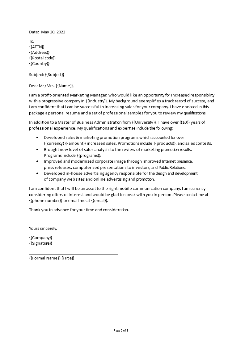 Marketing Manager Application Letter | Templates at ...