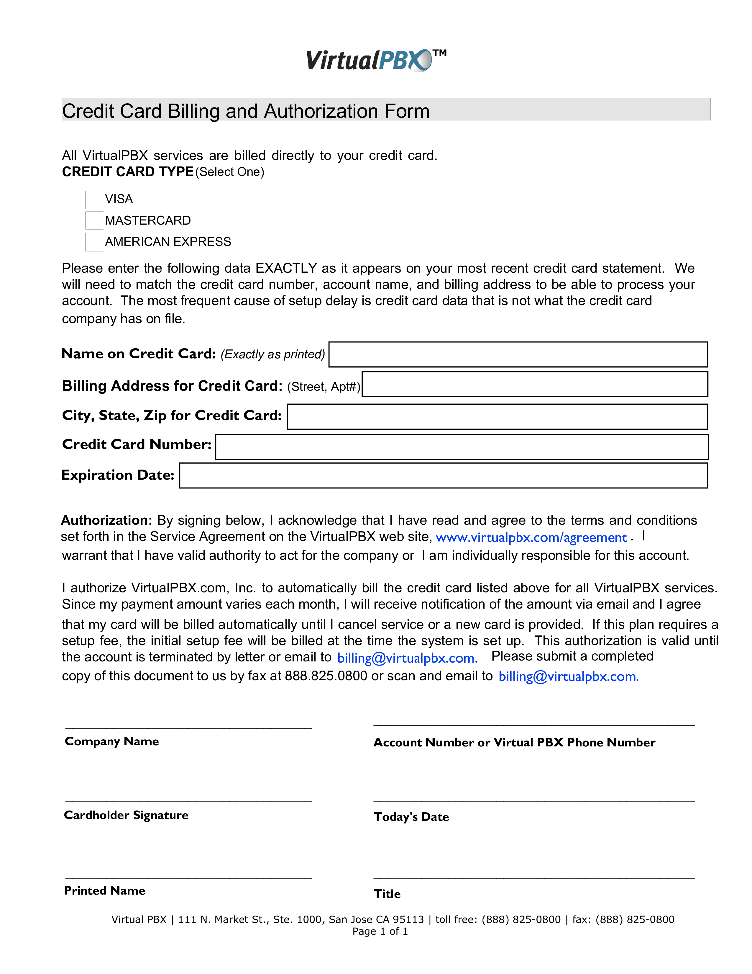 Credit Card Billing Form Gratis