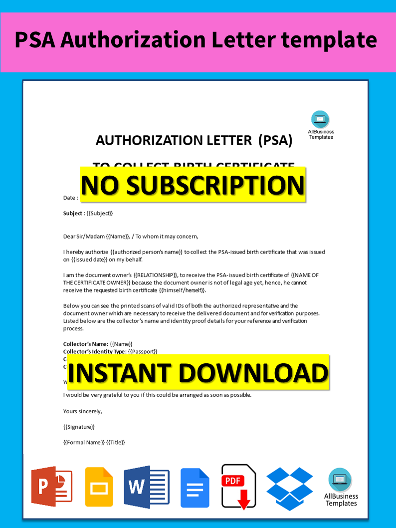 PSA Authorization Letter template | Templates at allbusinesstemplates.com