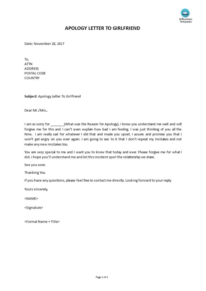 Apology Letter To Girlfriend Templates At Allbusinesstemplates