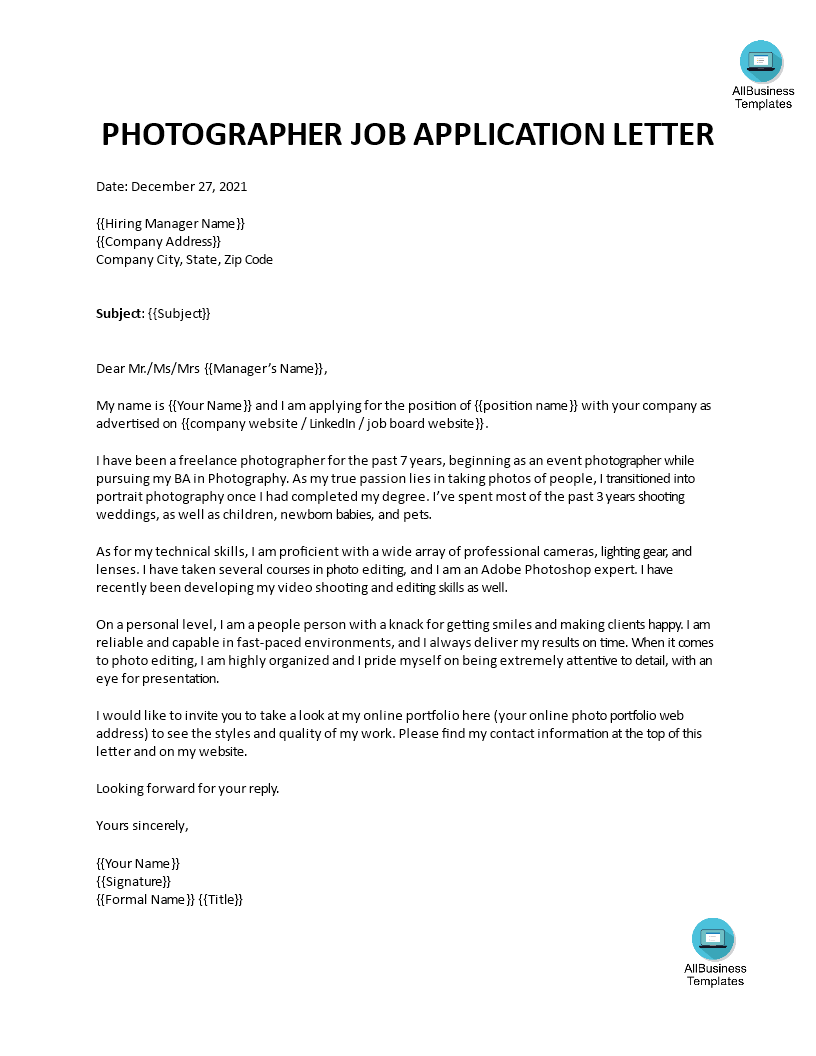 Photographer Cover Letter | Templates at allbusinesstemplates.com