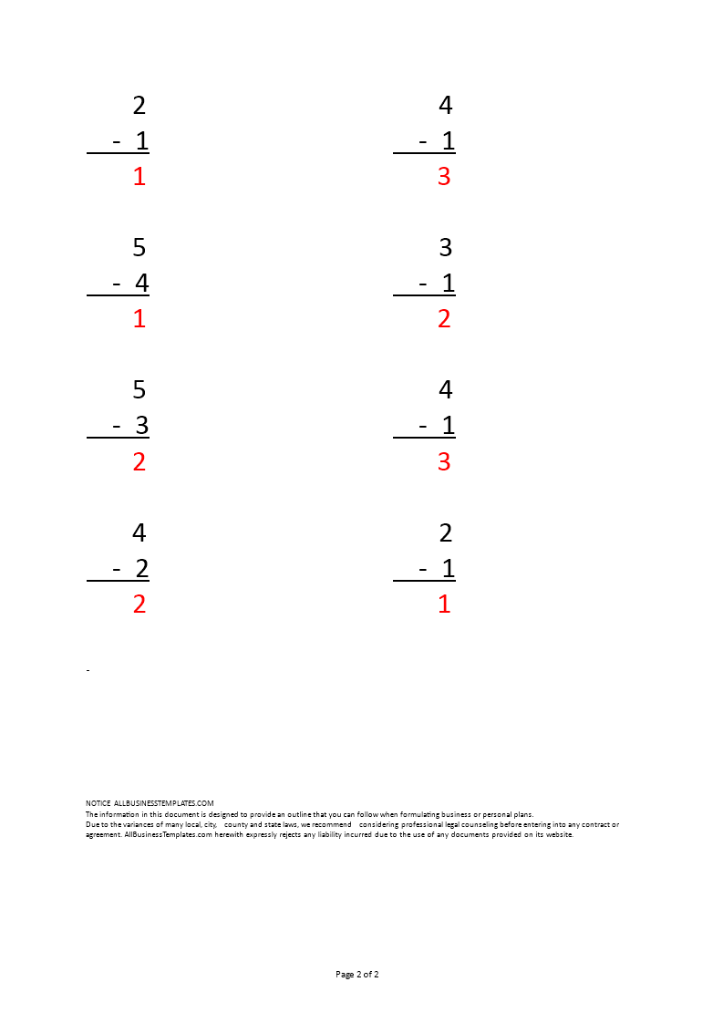 Subtraction 1 to 5 worksheets | Templates at allbusinesstemplates.com