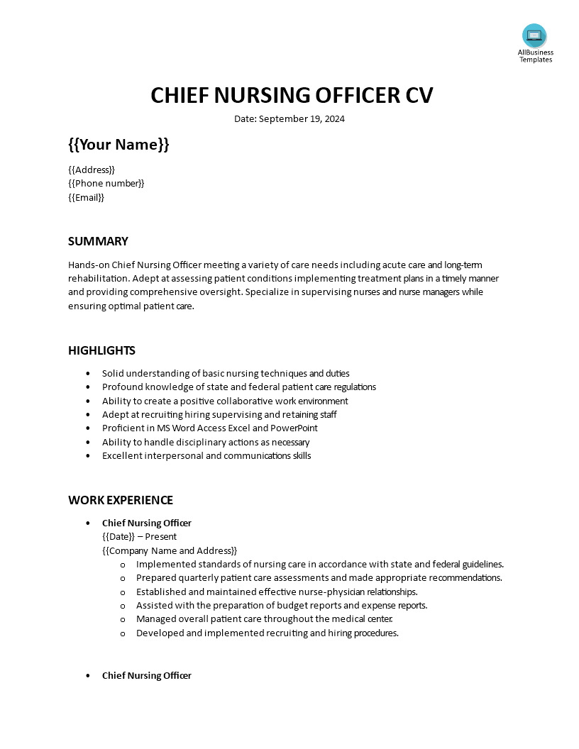 Chief Nursing Officer | Templates at allbusinesstemplates.com