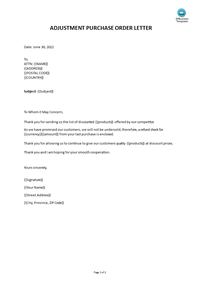 Adjustment Letter Example | Templates at allbusinesstemplates.com