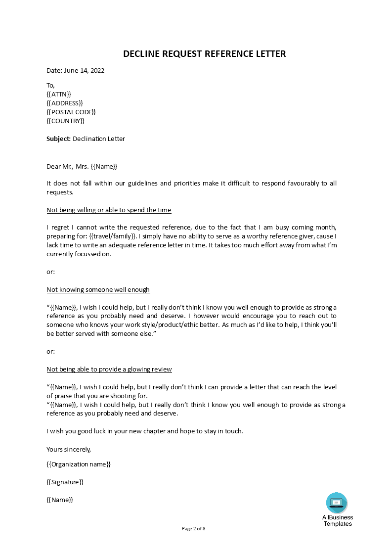 Declination Letter for Request | Templates at allbusinesstemplates.com