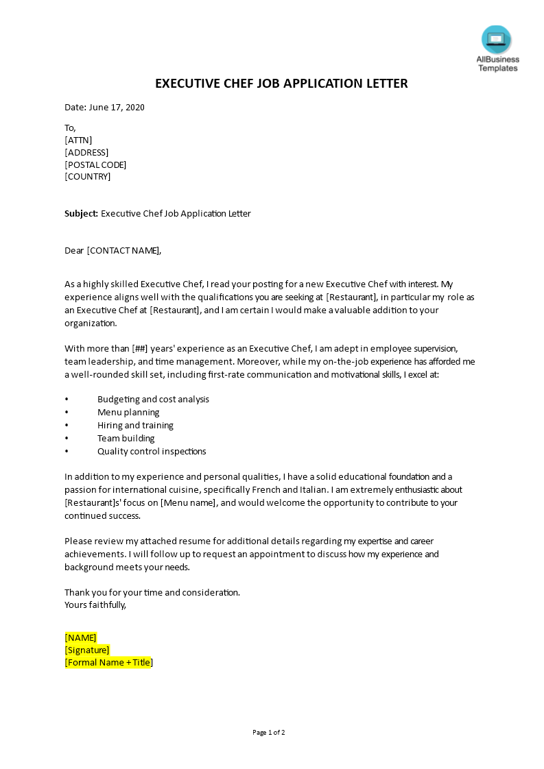 Job Application Letter For Executive Chef Templates At