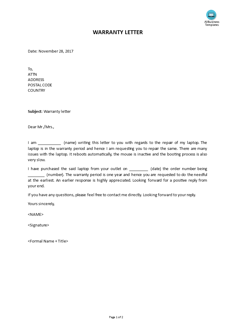 Warranty Letter Templates At Allbusinesstemplates