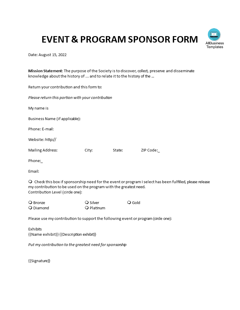 Event and Program Sponsor Form | Templates at allbusinesstemplates.com