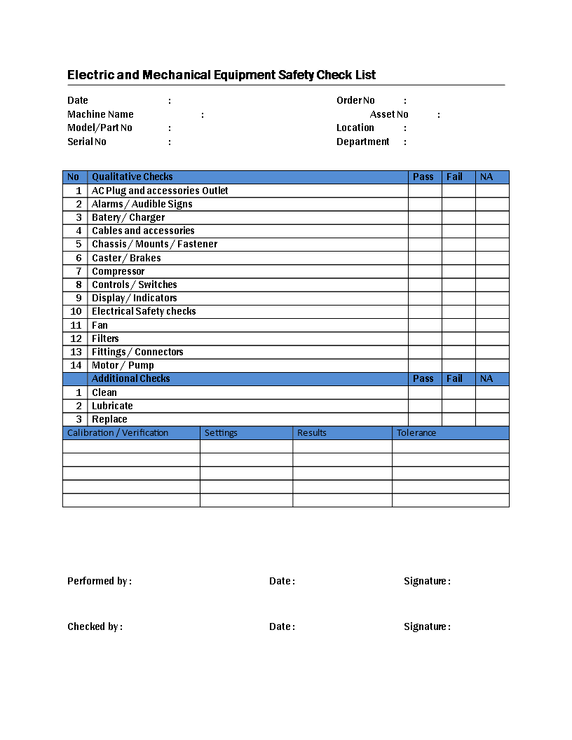 Mechanical Electrical Equipment Safety Check List Templates At Allbusinesstemplates