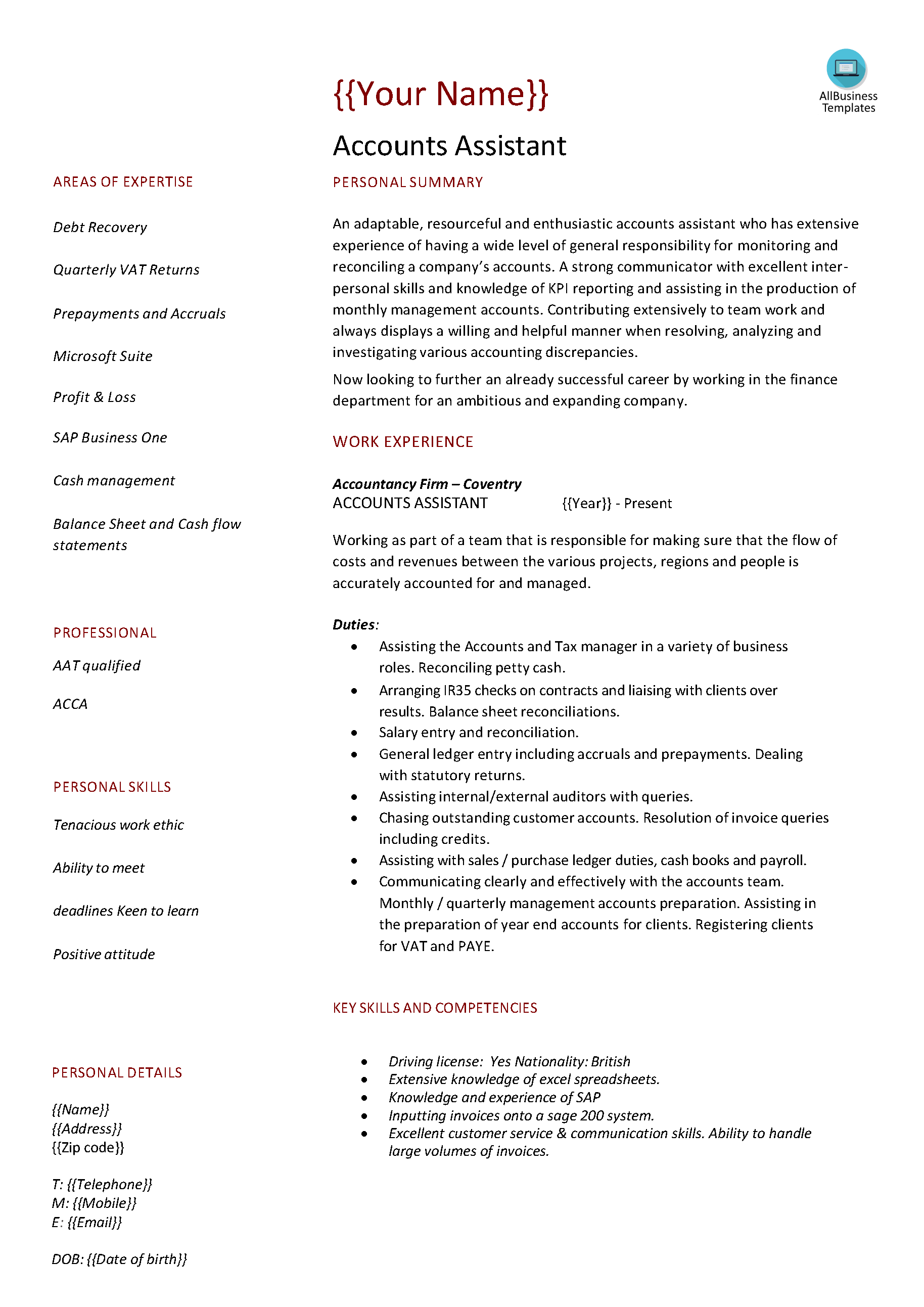 Accounting Assistant Curriculum Vitae | Templates at ...