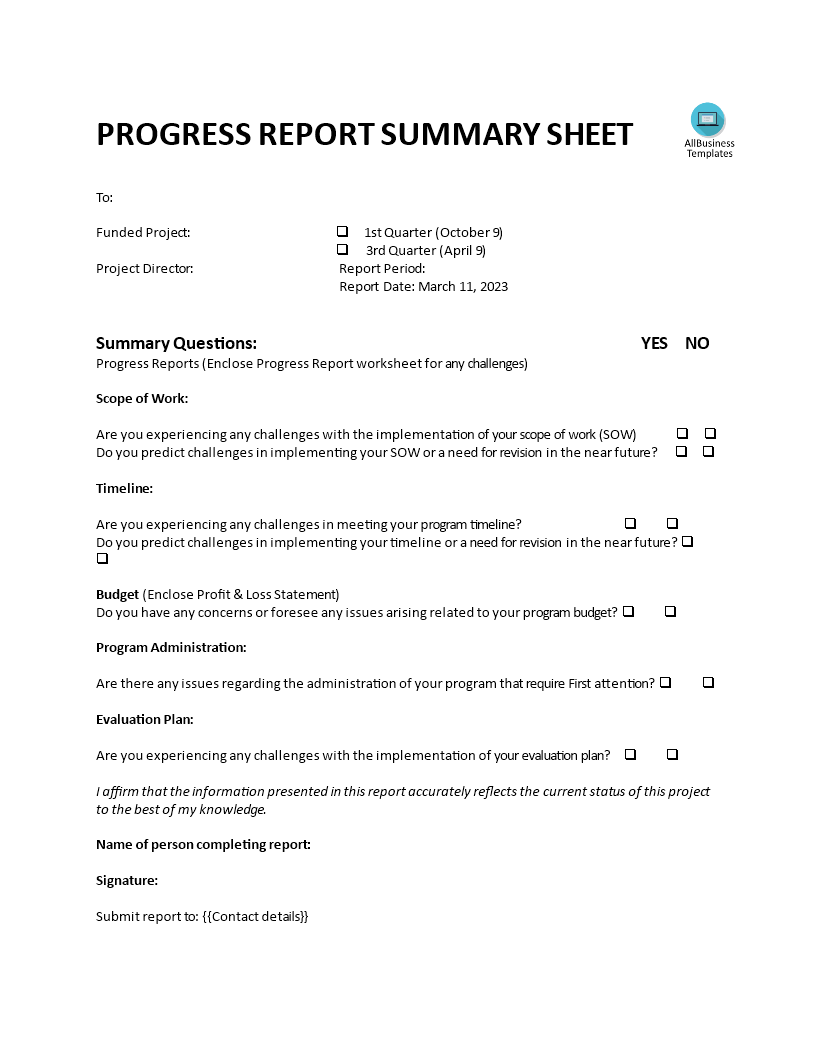Progress Report Summary Sheet | Templates at allbusinesstemplates.com