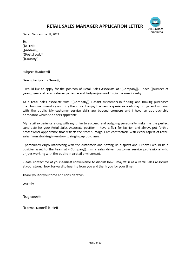 Retail Sales Associate Cover Letter | Templates at allbusinesstemplates.com