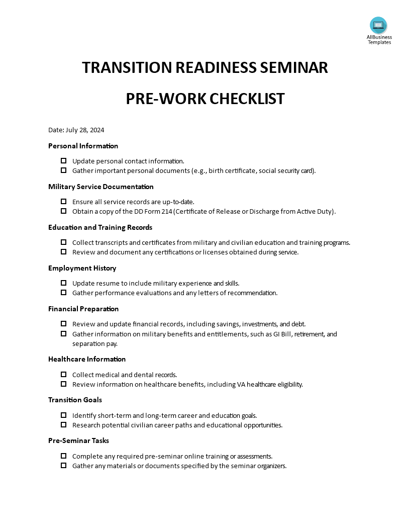 Transition Readiness Seminar Pre Work Checklist | Templates at ... Transition Readiness Seminar Pre Work Checklist | Templates at ...