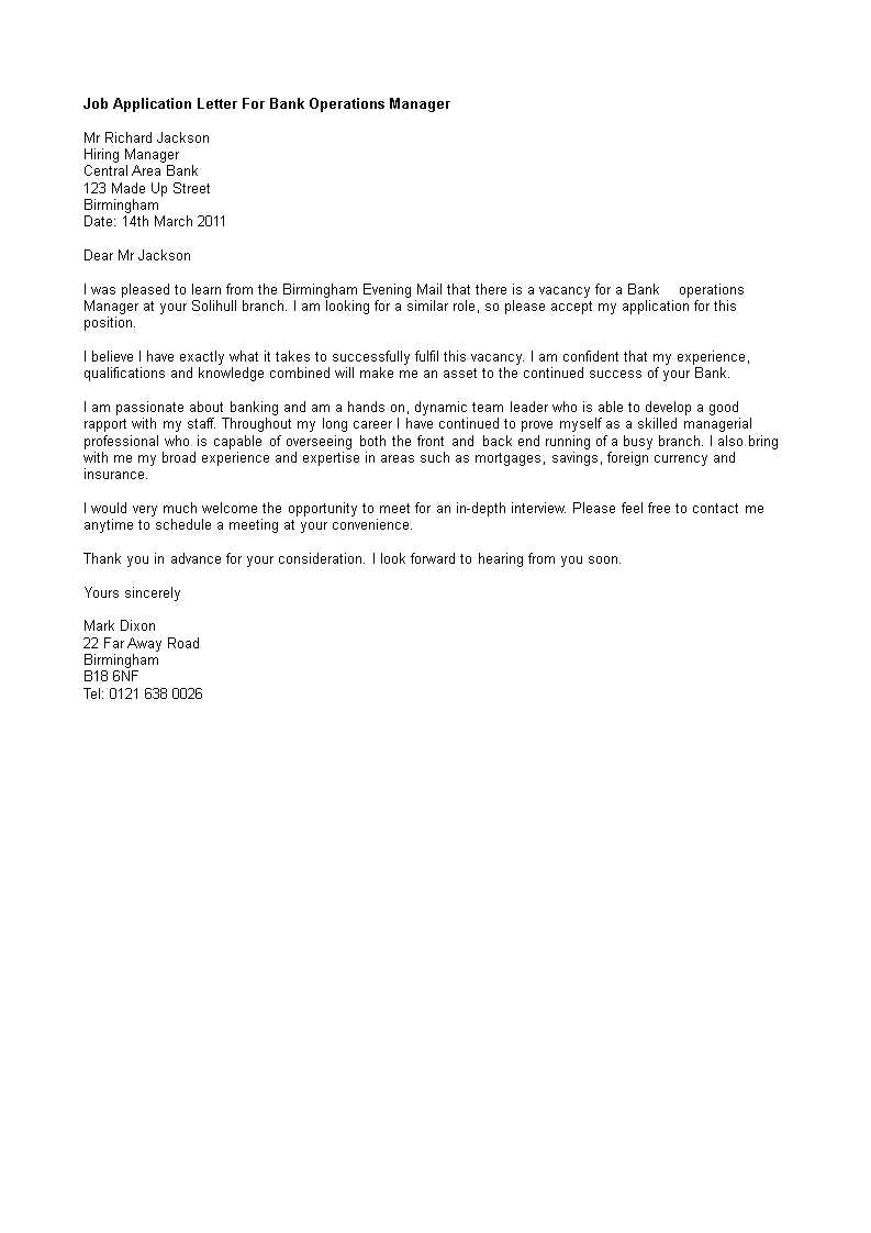 Letter Of Application To Bank Manager