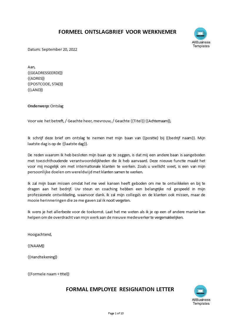 Formele Ontslagbrief Werknemer | Templates at allbusinesstemplates.com