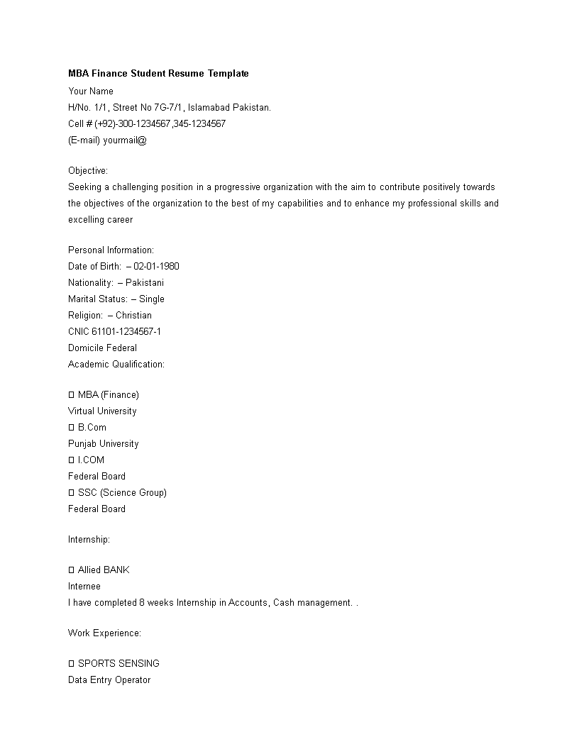 MBA Finance Student Resume Templates At Allbusinesstemplates
