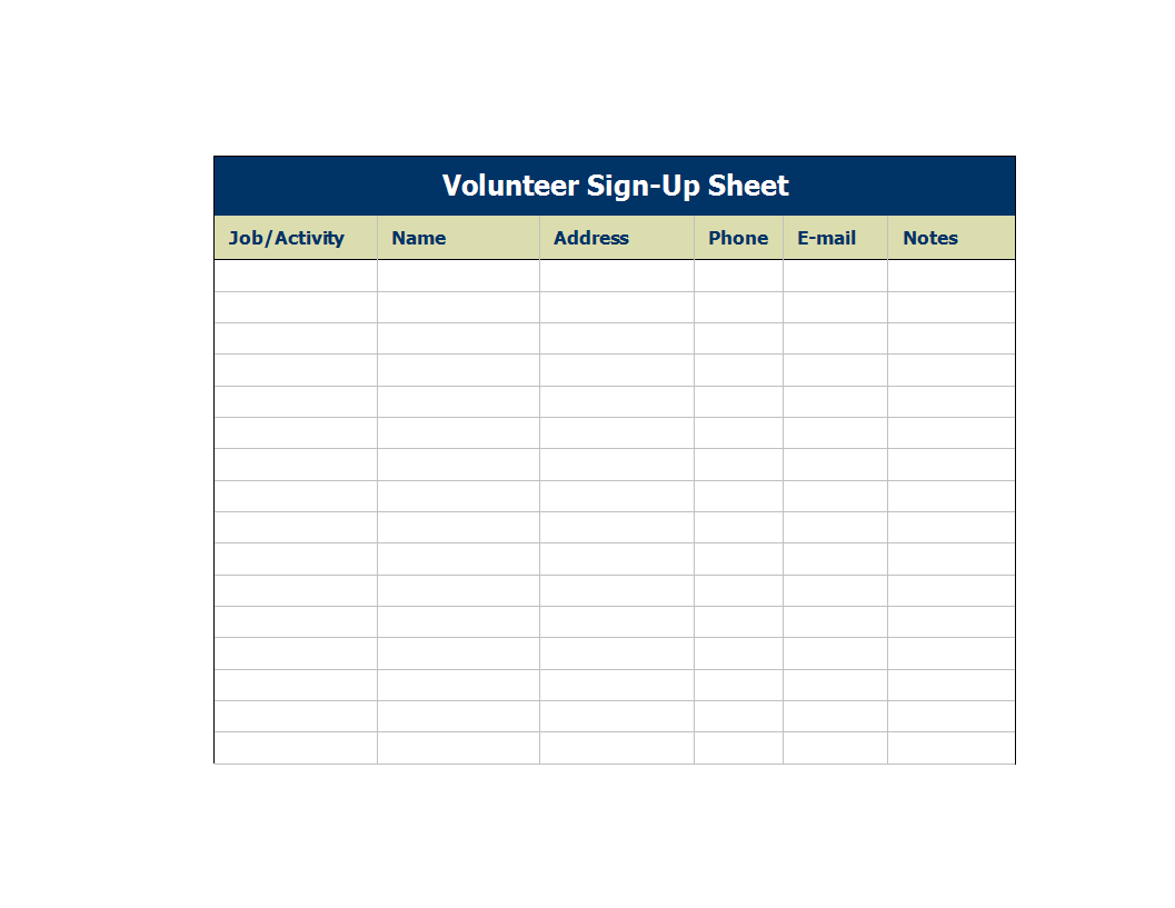 Libreng Volunteer Sign up Sheet In Excel