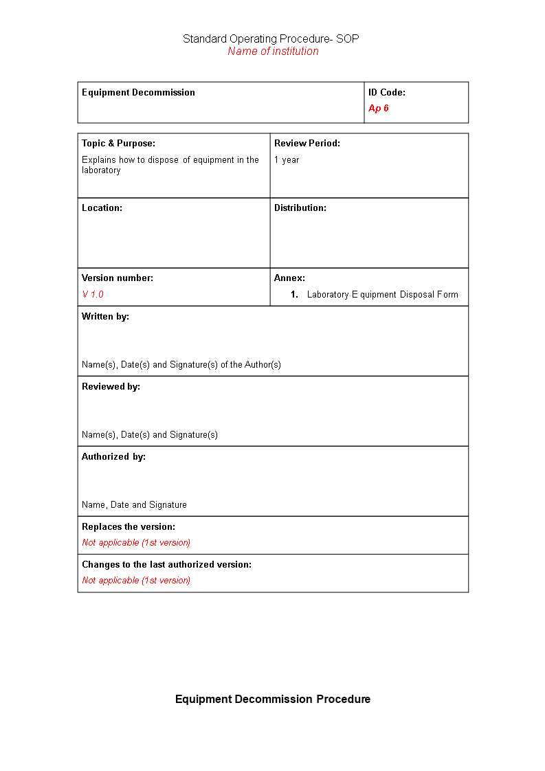 Equipment Decommission Quality Management SOP | Templates at ...