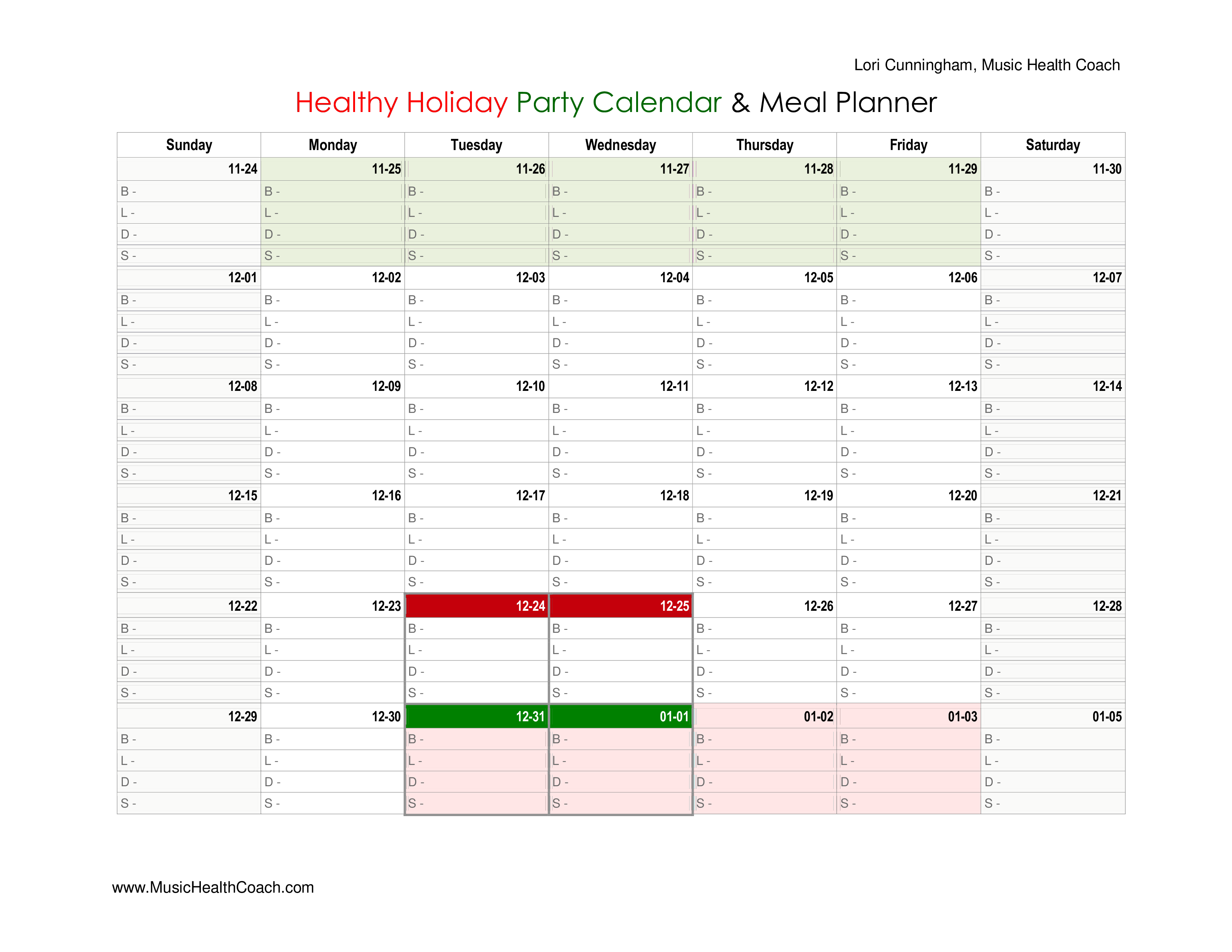  Healthy Meal Calendar Allbusinesstemplates