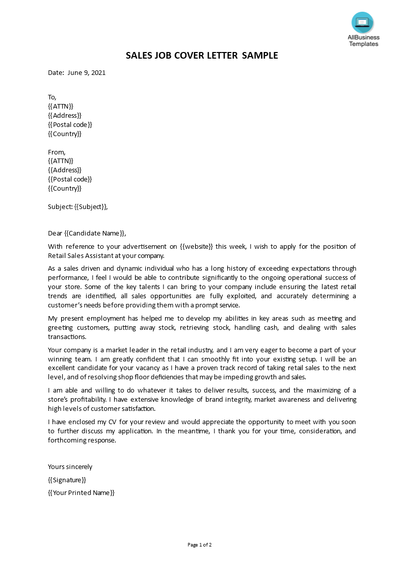 Retail Sales Job Application Letter | Templates at allbusinesstemplates.com
