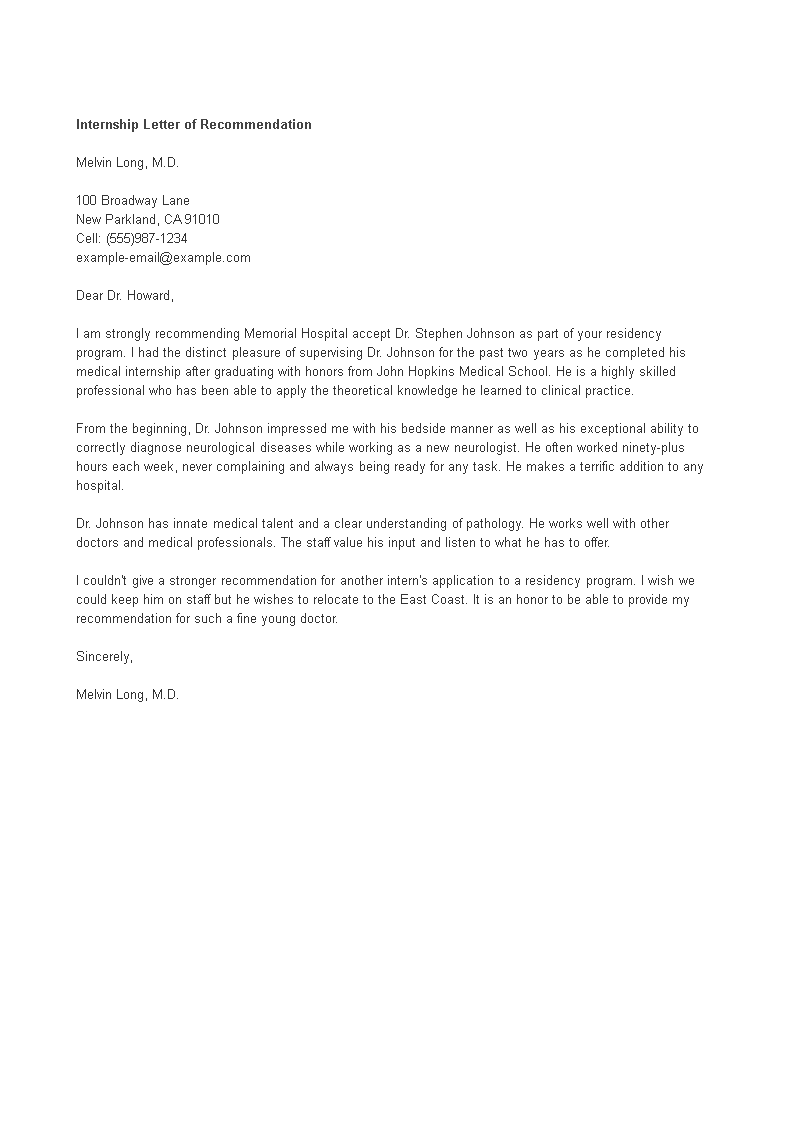 Letter Of Recommendation For Student Intern Templates At