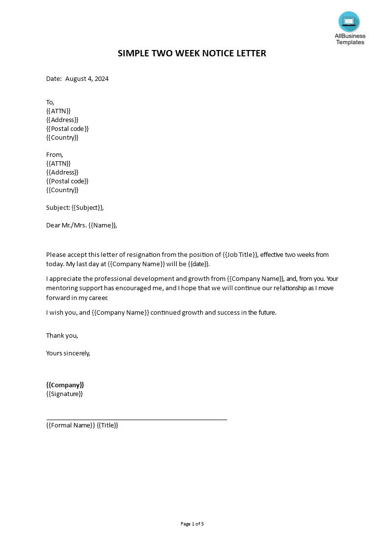 Simple Two Week Notice Letter | Templates at allbusinesstemplates.com