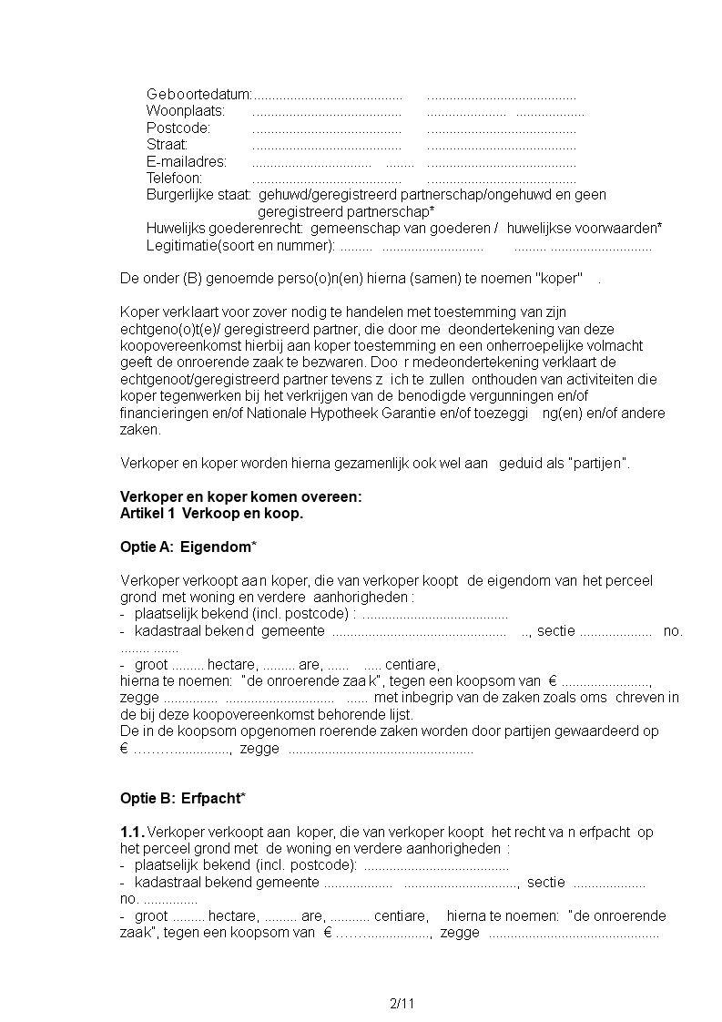 Koopovereenkomst bestaande woning Gratis