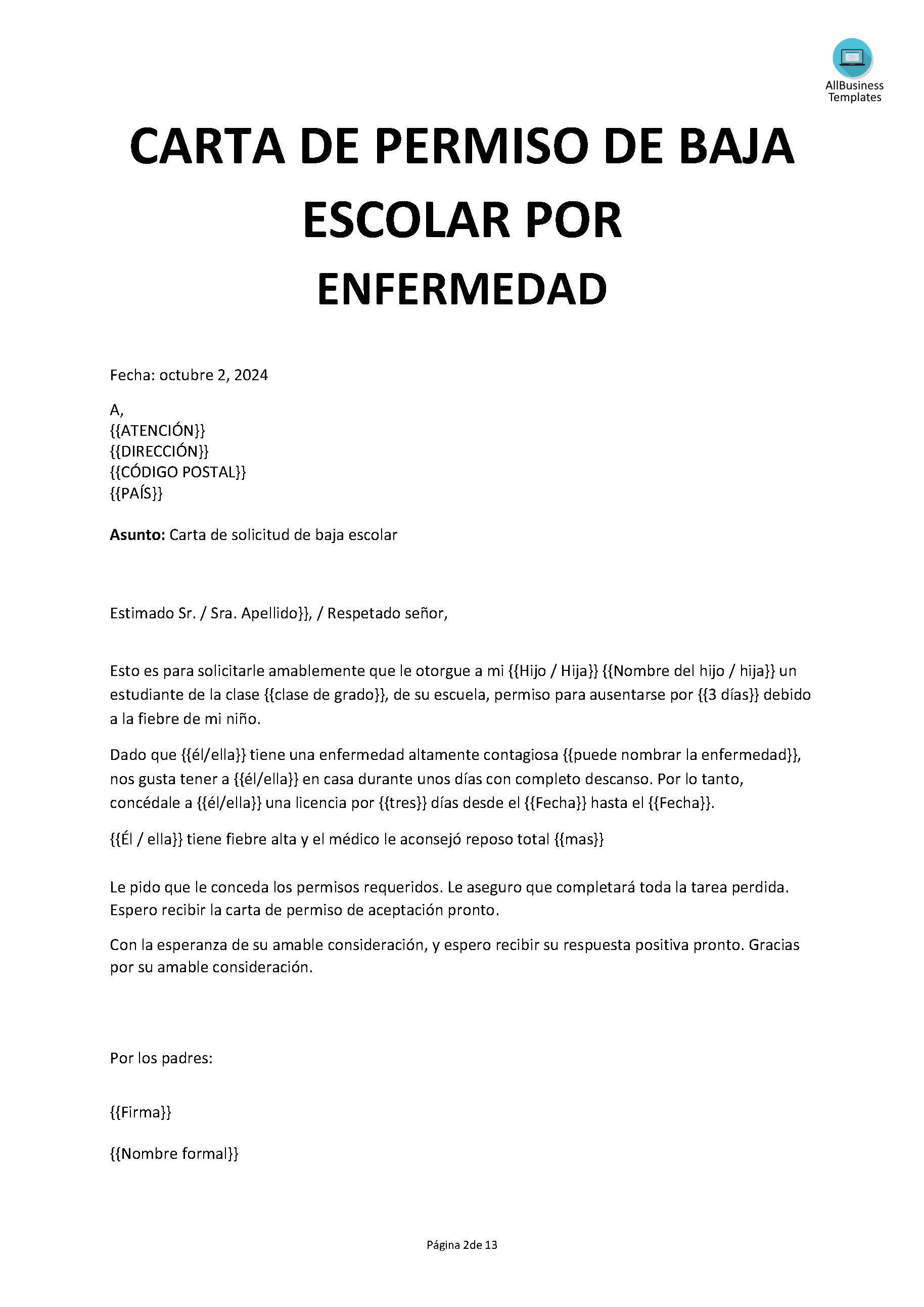 Carta de excusa escolar Gratis