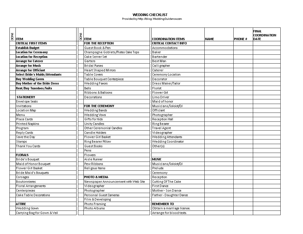 Essential Wedding Checklist Printable Templates At