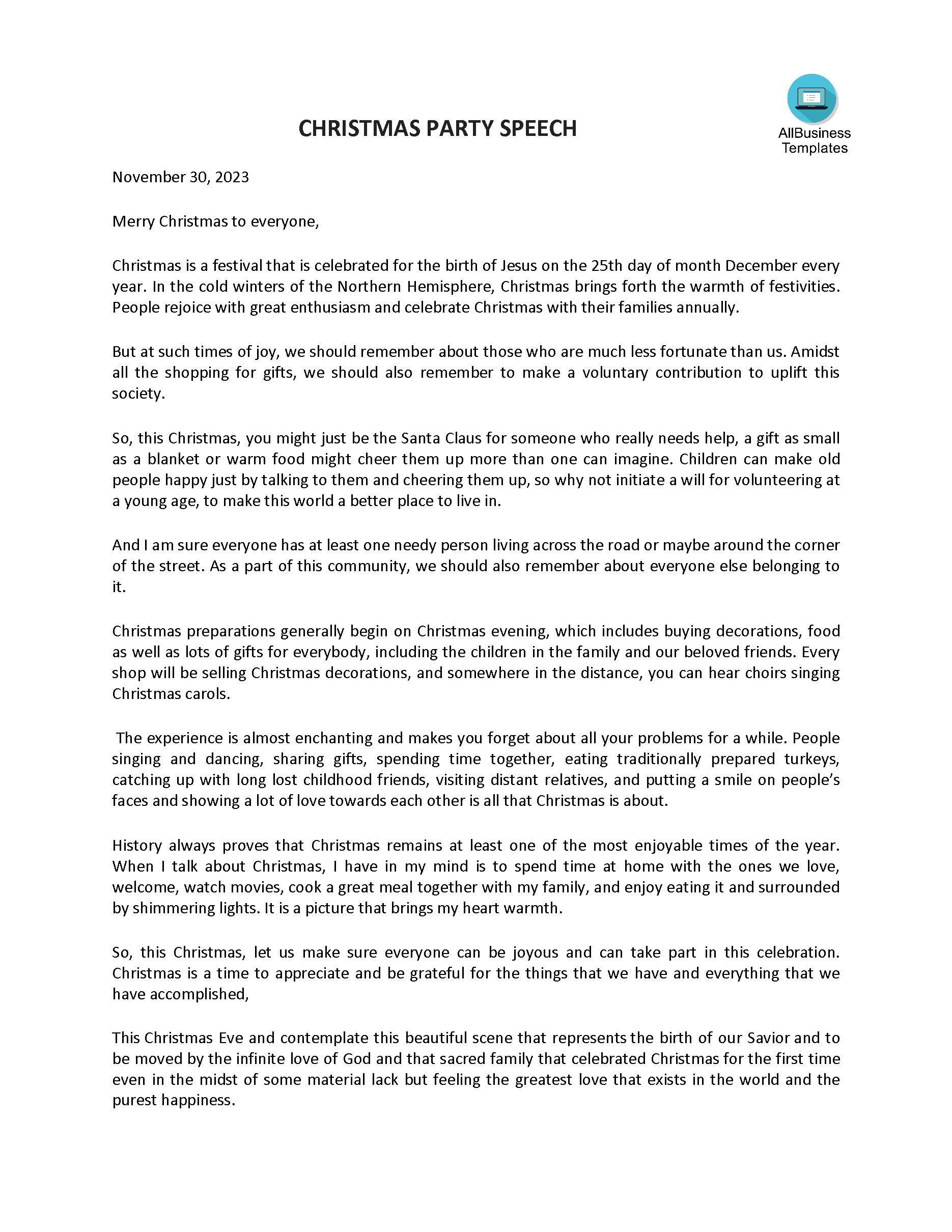 Christmas Speech | Templates at allbusinesstemplates.com
