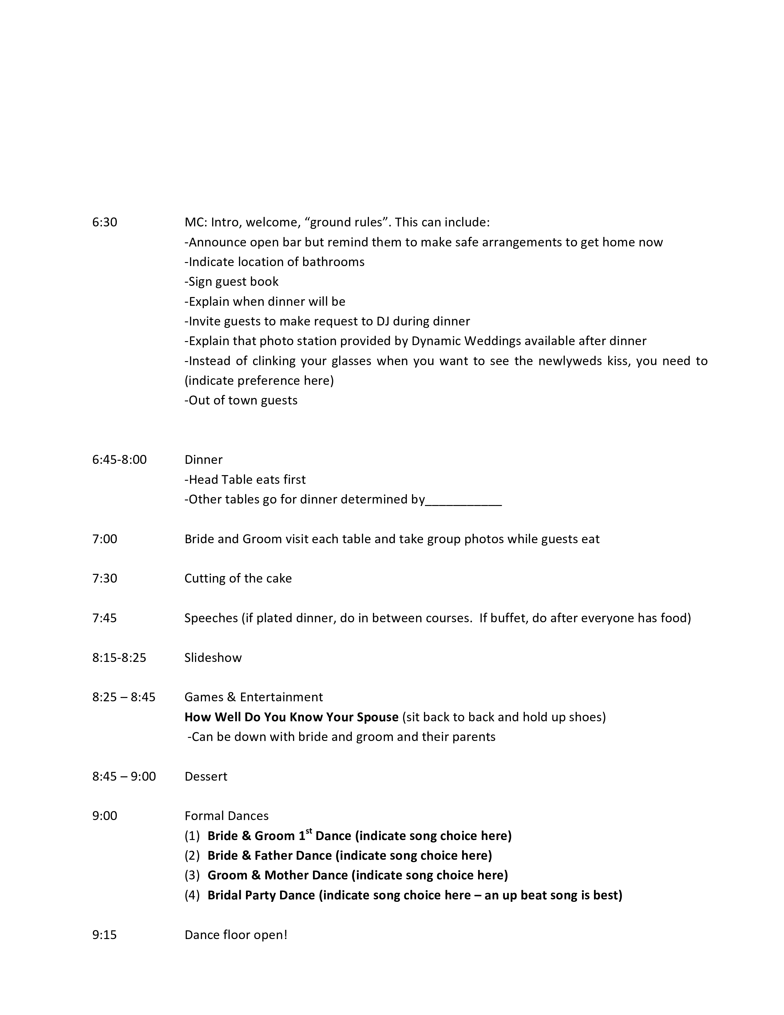 Timeline For Wedding Day Reception | Templates at allbusinesstemplates.com