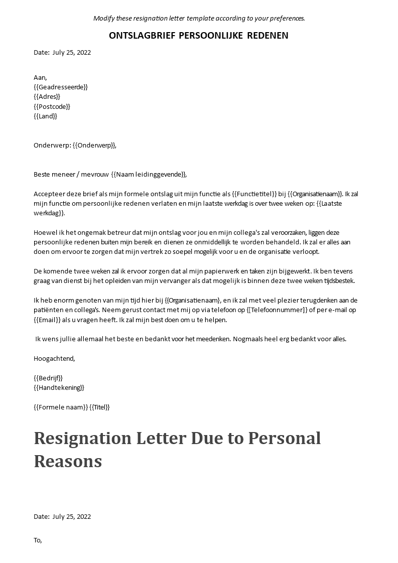 Persoonlijke Omstandigheden Ontslagbrief | Templates at ...