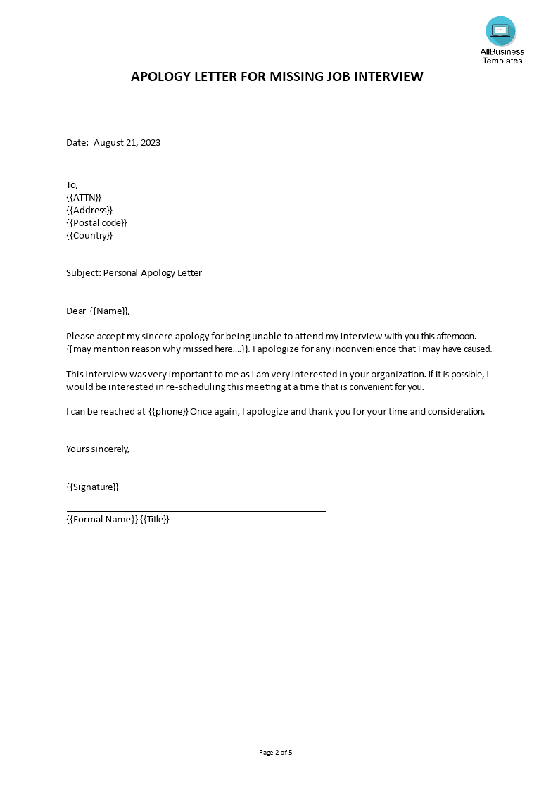 Sincere Apology Example Letter for missed job interview | Templates at ...