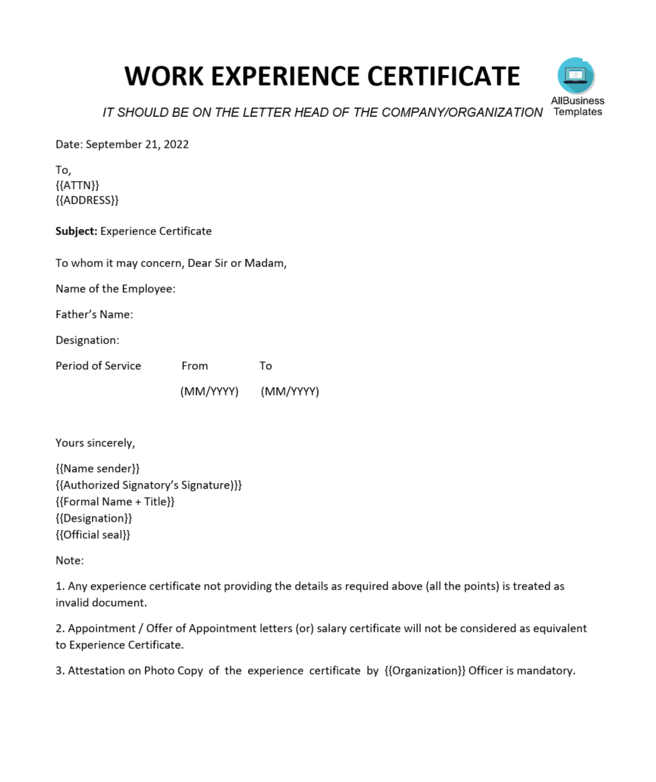 Experience Letter From Employer | Templates at allbusinesstemplates.com