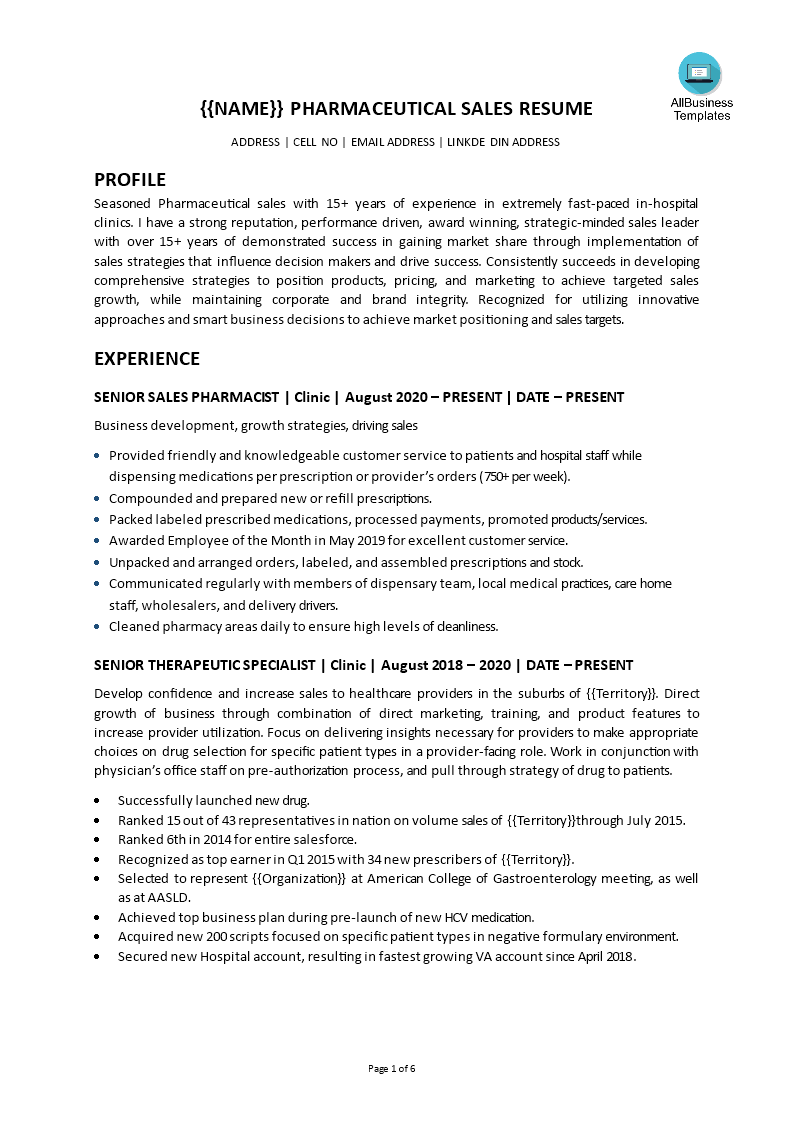 Pharmaceutical Sales Manager Resume | Templates at allbusinesstemplates.com
