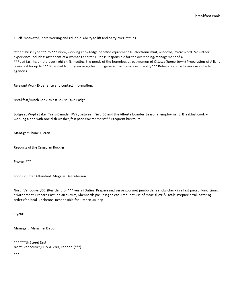 Professional Breakfast Cook Resume | Templates at allbusinesstemplates.com